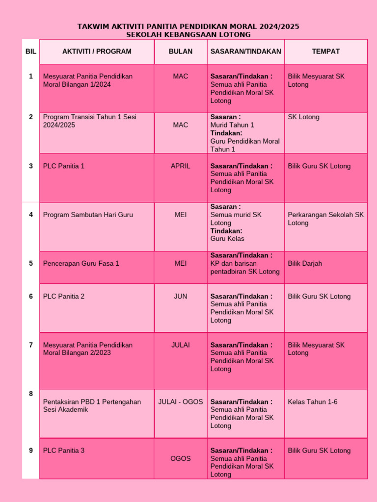 Takwim Aktiviti Panitia P Moral 2024 | PDF