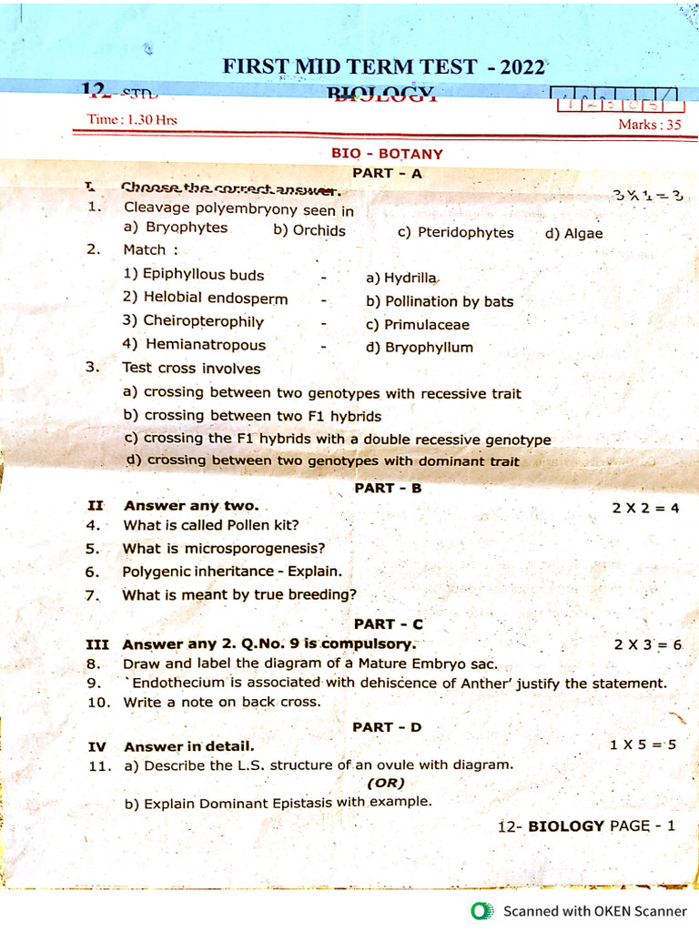 12th Biology EM 1st Mid Term Exam 2022 Question Paper Tirupattur ...