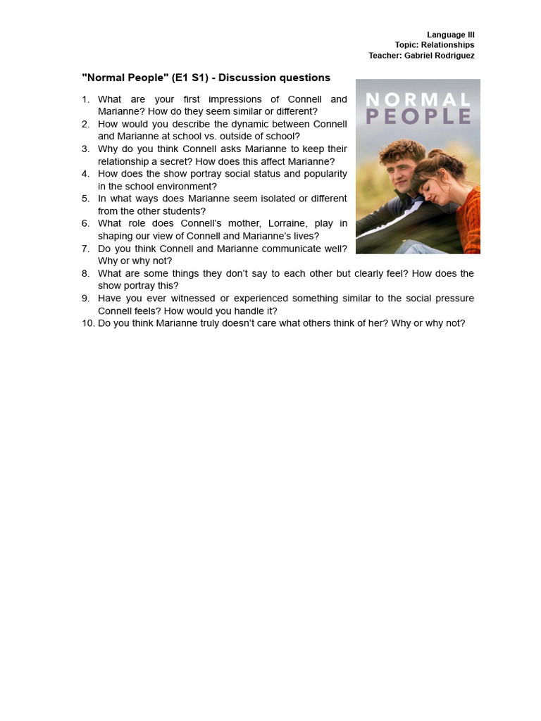 Normal People Discussion Questions | PDF