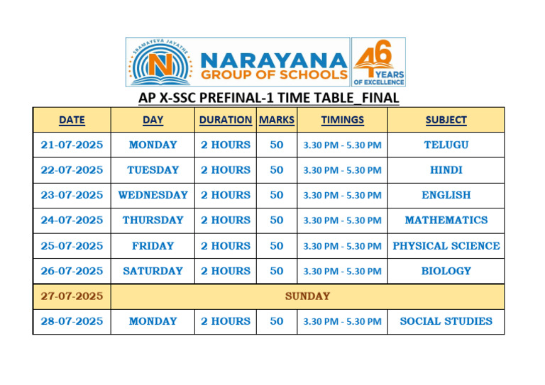 AP SSC X Prefinal-1 Time Table - Final | PDF
