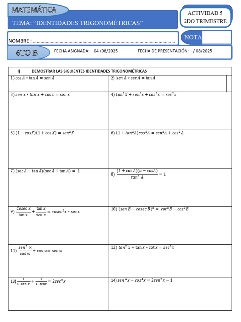 Actividad #5 Identidades Trigonom Tricas | PDF