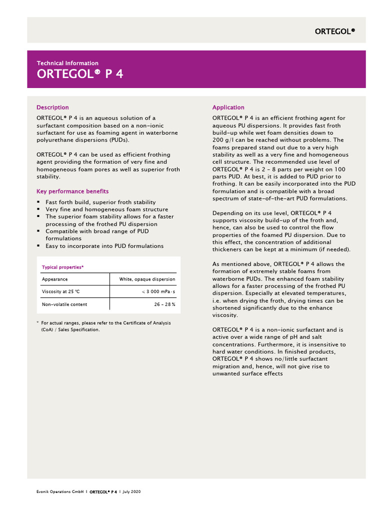 ORTEGOL P 4 TDS | PDF | Foam | Industrial Processes