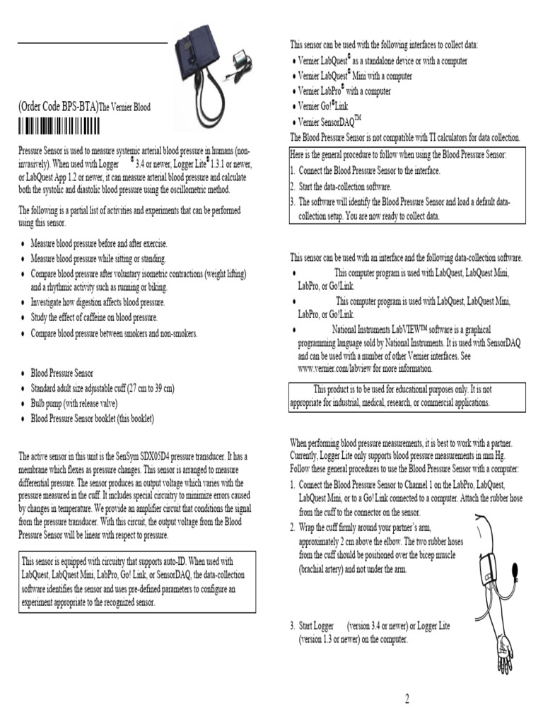 Vernier Blood Pressure Sensor Guide | PDF | Blood Pressure | Pressure