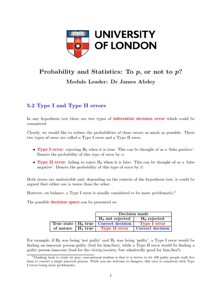 5.2 Type I and Type II Errors | PDF | Type I And Type Ii Errors | Statistical Significance