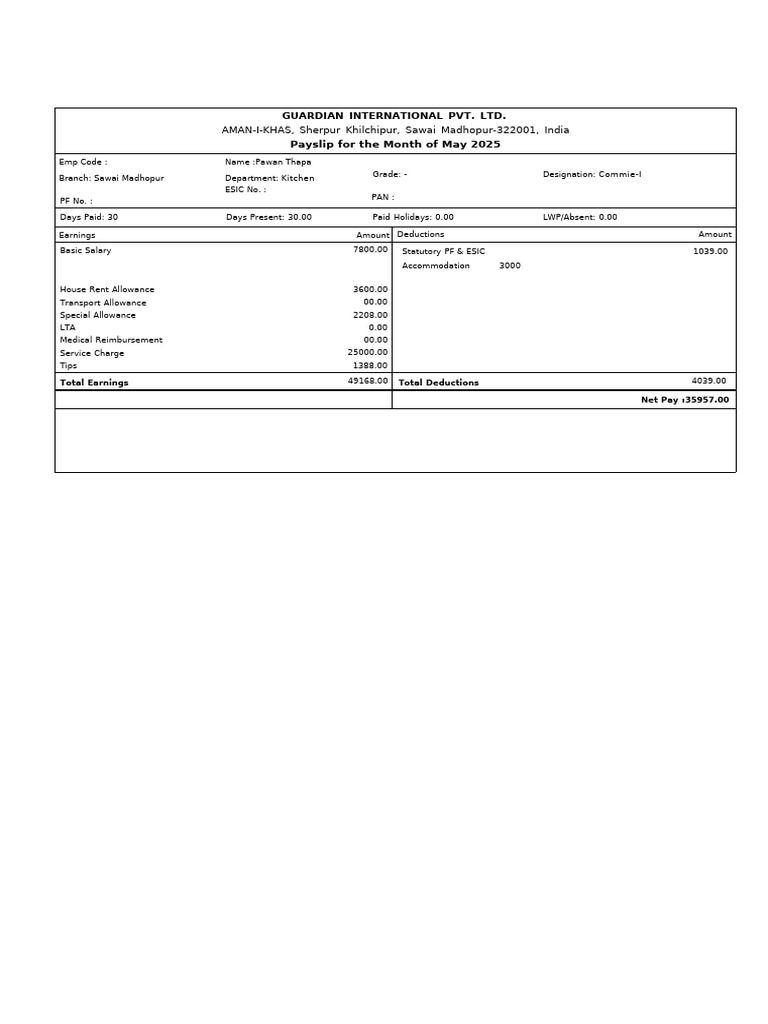 May 2025 Payslip for Pawan Thapa | PDF