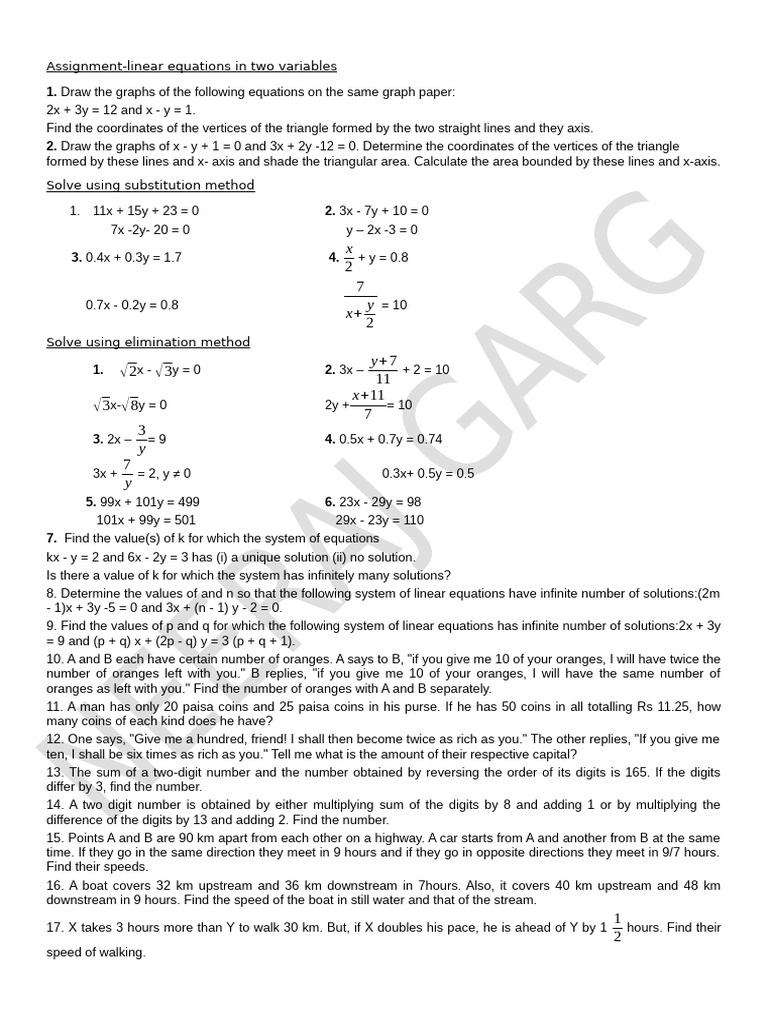 Assignment Linear Equations Class 10 24 | PDF | Equations | Speed