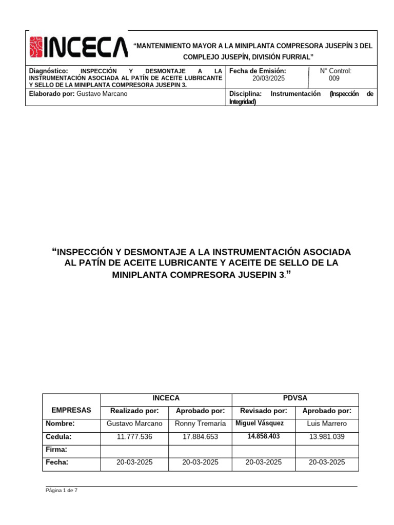 Mantenimiento Compresora Jusepín 3 | PDF | Sensor | Ingeniería mecánica