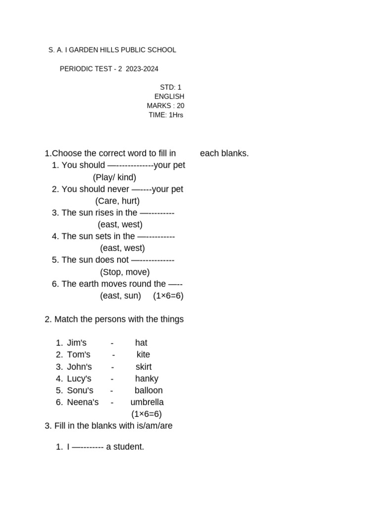 Grade 1 English Periodic Test 2023-24 | PDF
