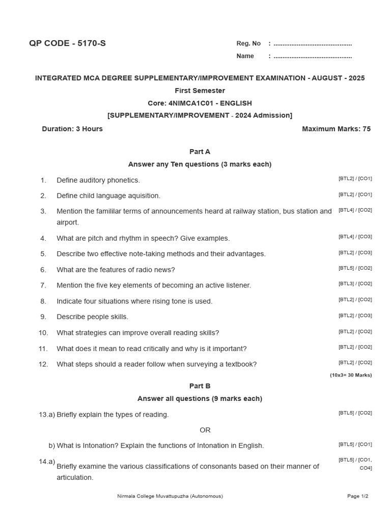 MCA English Exam Questions 2025 | PDF | Vowel | Phonetics