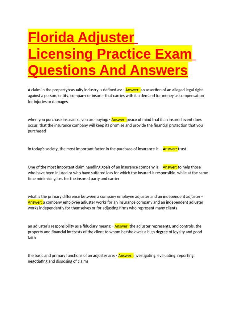 Florida Adjuster Exam Practice Questions | PDF | Insurance | Liability ...