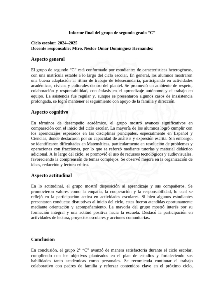 Informe Final Del Grupo de Segundo Grado | PDF | Aprendizaje | Maestros