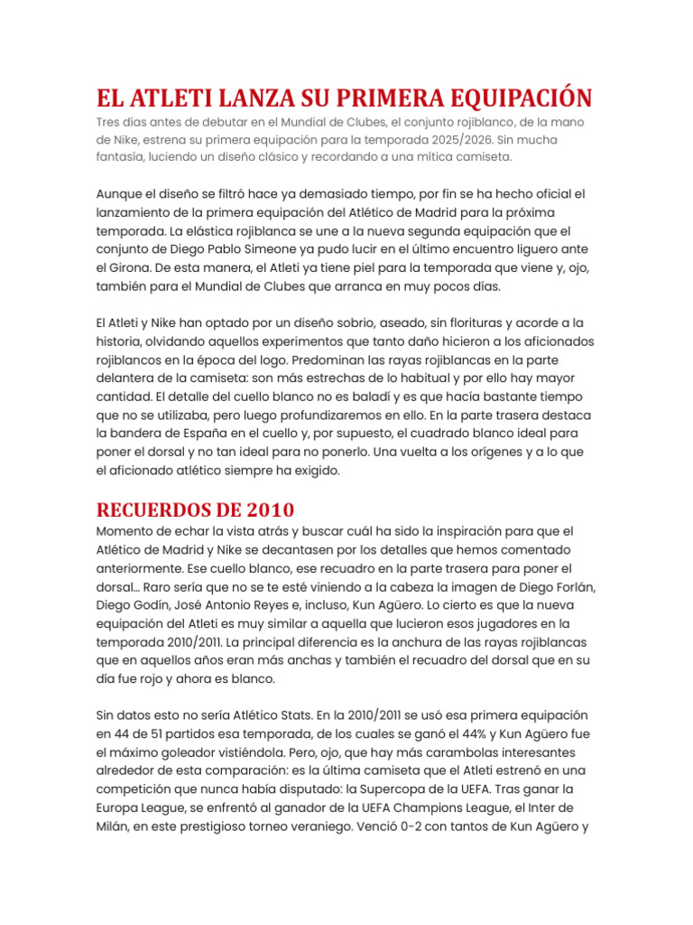 El Atleti Lanza Su Primera Equipación | PDF | Asociación de clubes de ...
