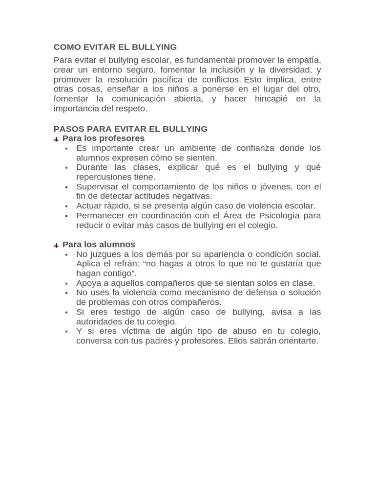 Pasos para Evitar el Bullying Escolar | PDF