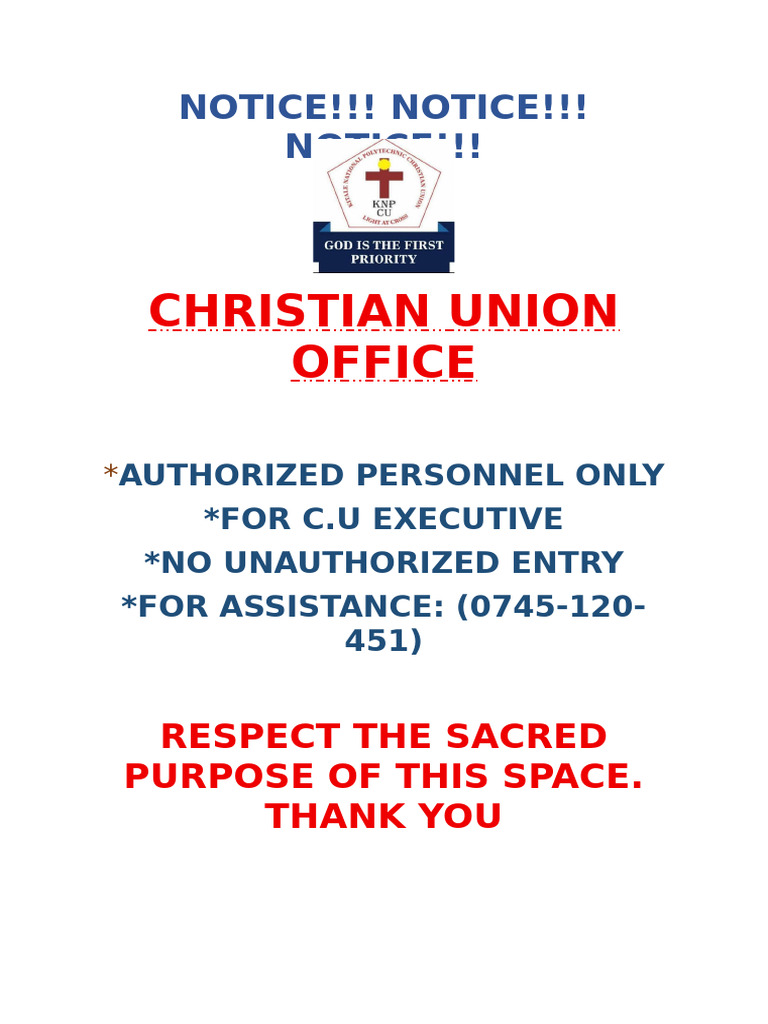Christian Union Office Access Notice | PDF