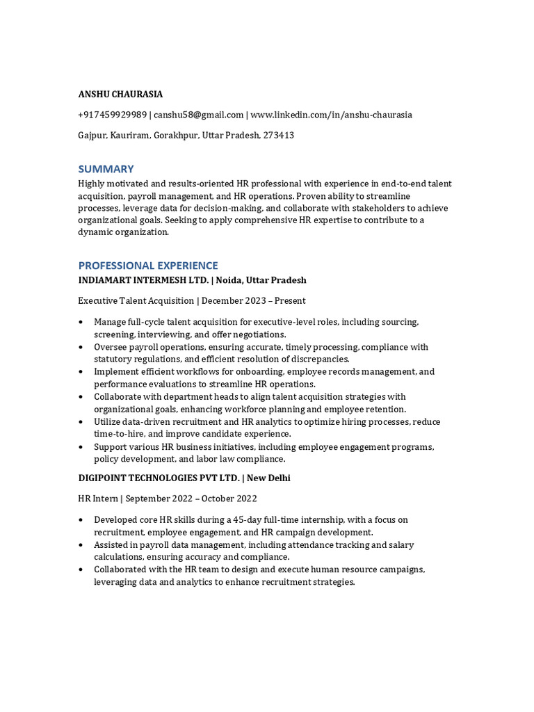 Anshu Chaurasia Resume 2025 | PDF | Human Resource Management | Recruitment