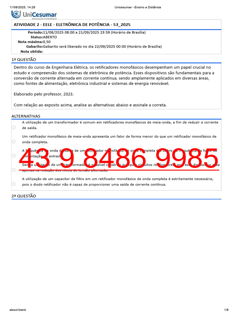 Atividade 2 - Eele - Eletrônica de Potência - 53 - 2025 | PDF | Retificador | Energia elétrica