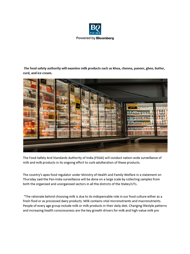 FSSAI's Nationwide Milk Surveillance Plan | PDF