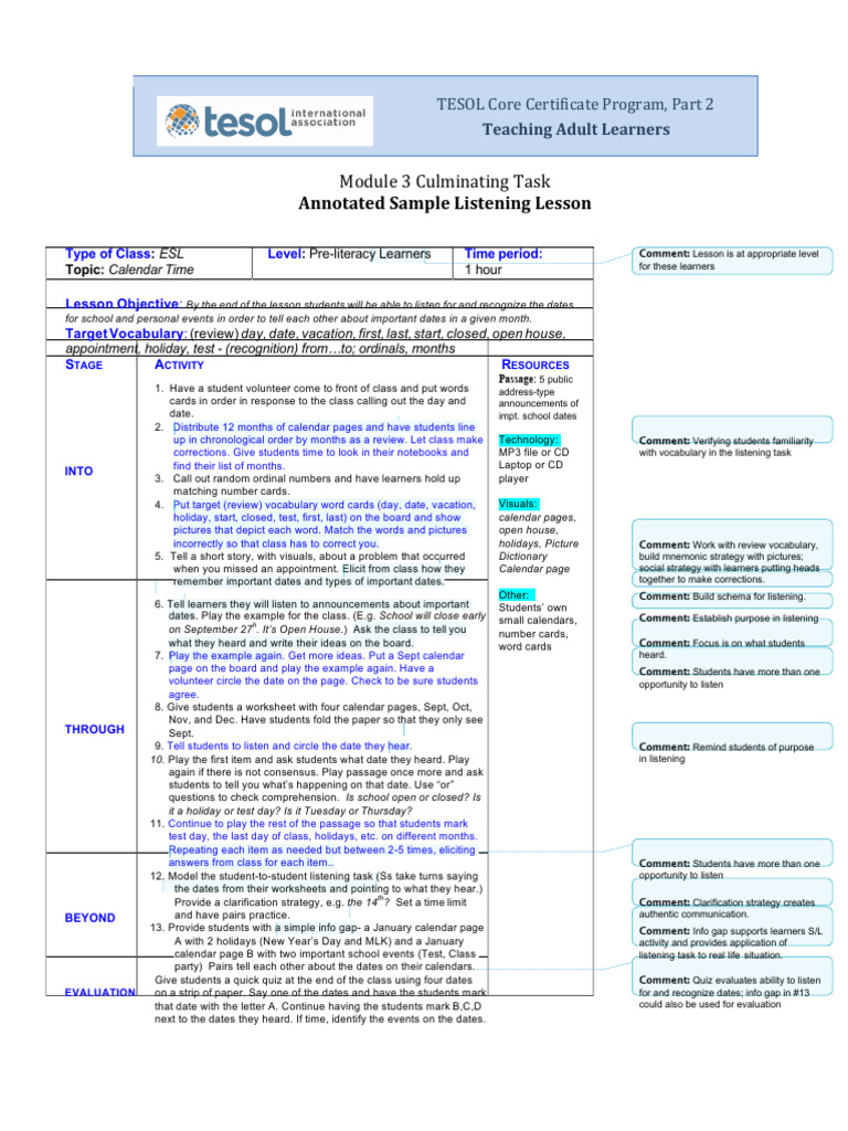 ESL Listening Lesson: Calendar Dates | PDF | English As A Second Or ...