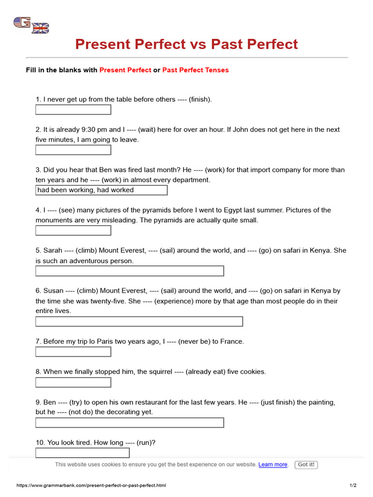 Present Perfect Vs Past Perfect Exercise | PDF