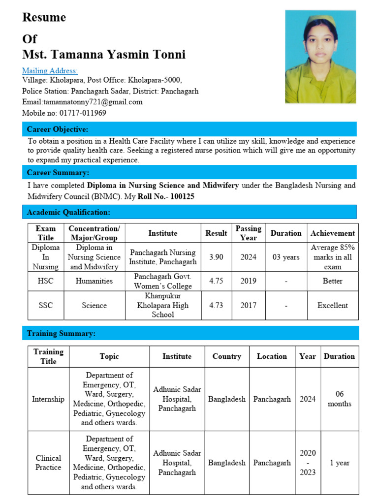 CV of Tamanna Yasmin Tonni | PDF | Health Care | Medicine