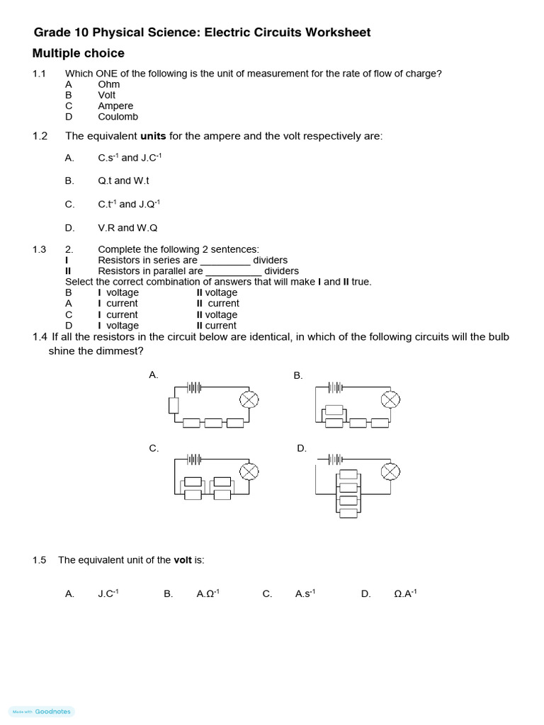 Grade 10 Electric Circuits Worksheet | PDF | Volt | Electric Current