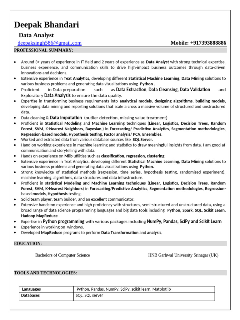 Deepak Data Science Data Scientist ML 1 | PDF | Machine Learning | Data ...