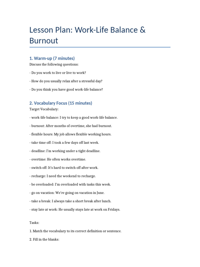 Work-Life-Balance Lesson Updated | PDF | Occupational Burnout