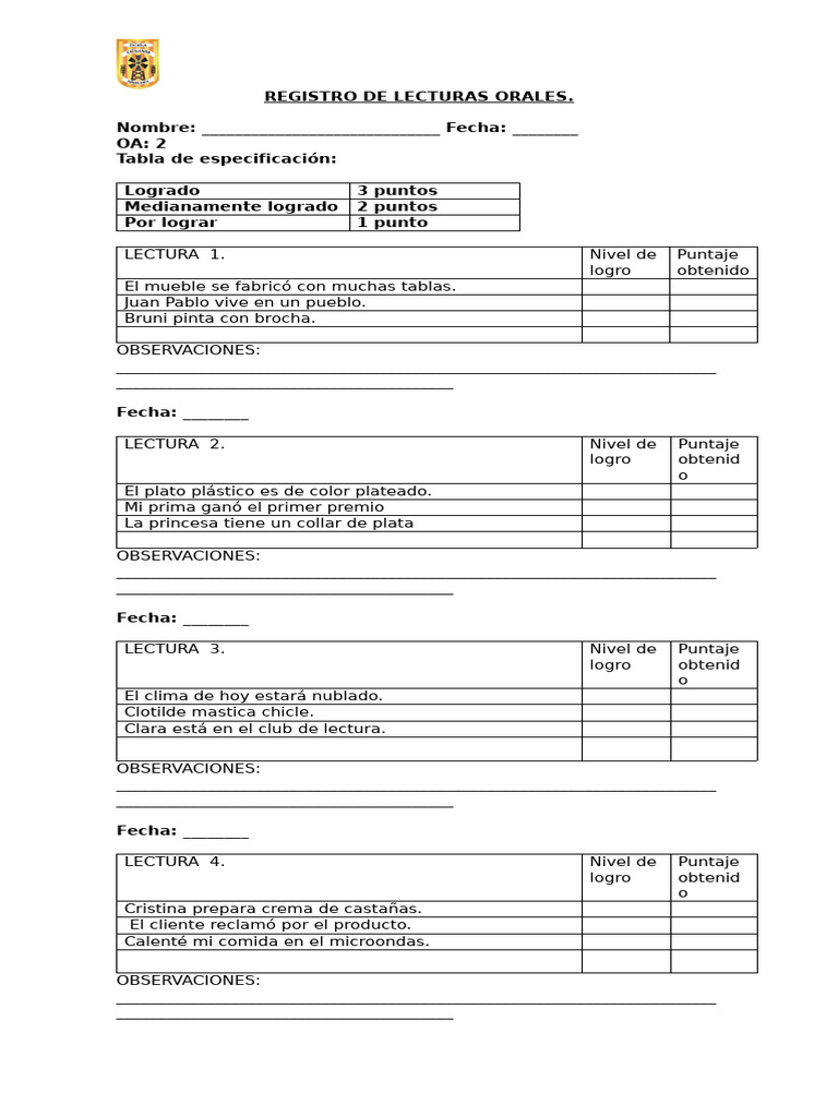 Registro de Lecturas Orales Evaluación | PDF