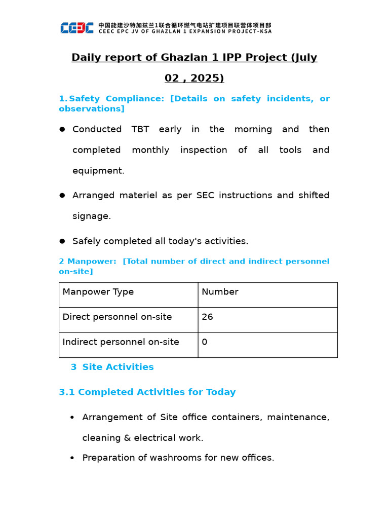 CHCI - (July 02, 2025) - Daily Report of Ghazlan 1 IPP Project | PDF