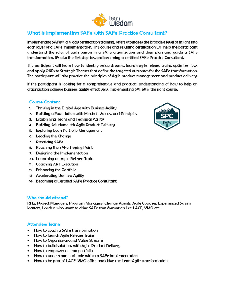 Implementing SAFe With SPC AI for Leaders Certification - Brochure | PDF | Agile Software ...