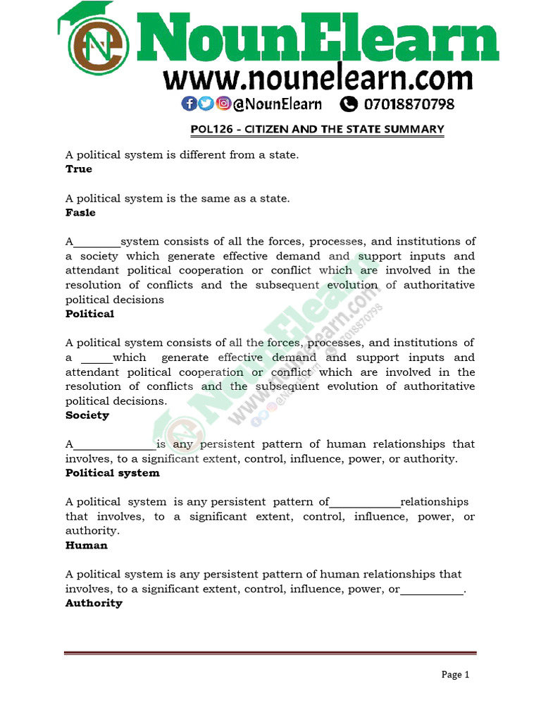Pol126 Citizen and The State Summary | PDF | State (Polity) | Citizenship