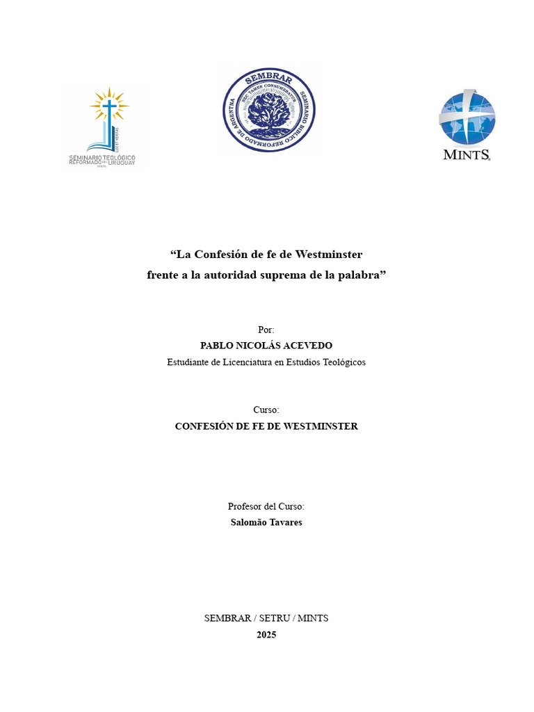 Ensayo - Confesión de Fe de Westminster - Pablo Nicolás Acevedo | PDF ...