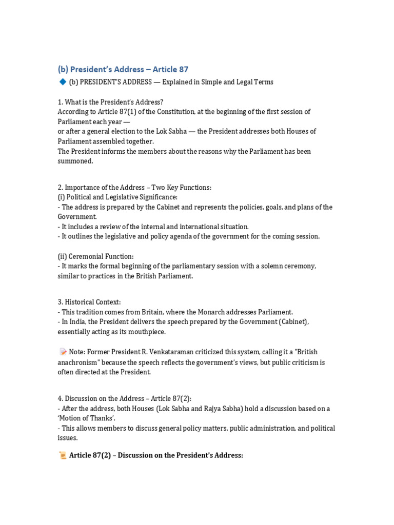 President's Address Under Article 87 | PDF | Government | Governance