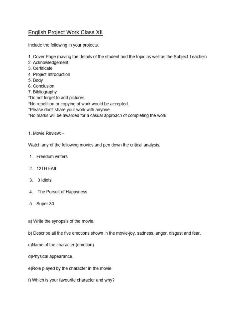 Class 12 Film Project Guidelines | PDF