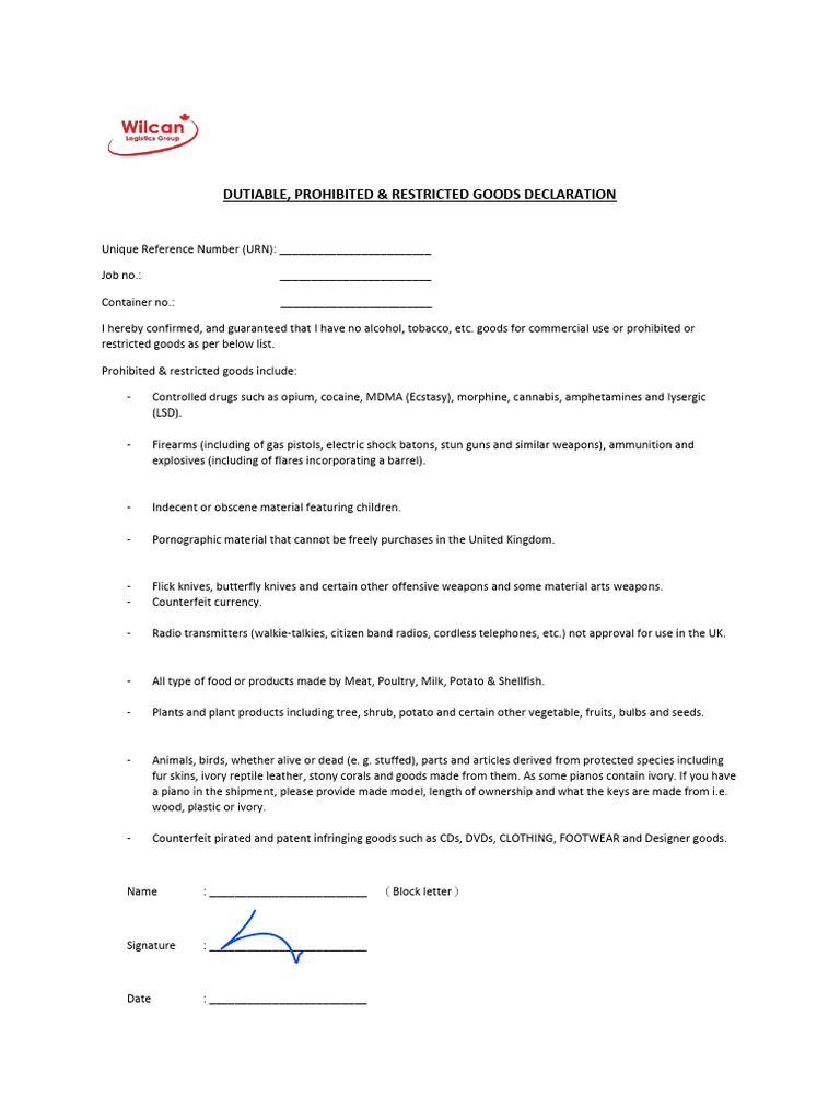 Dutiable, Prohibited & Restricted Goods Declaration | PDF