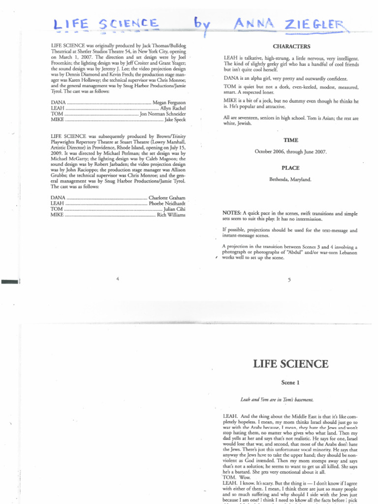 LIFE SCIENCE by Anna Ziegler | PDF