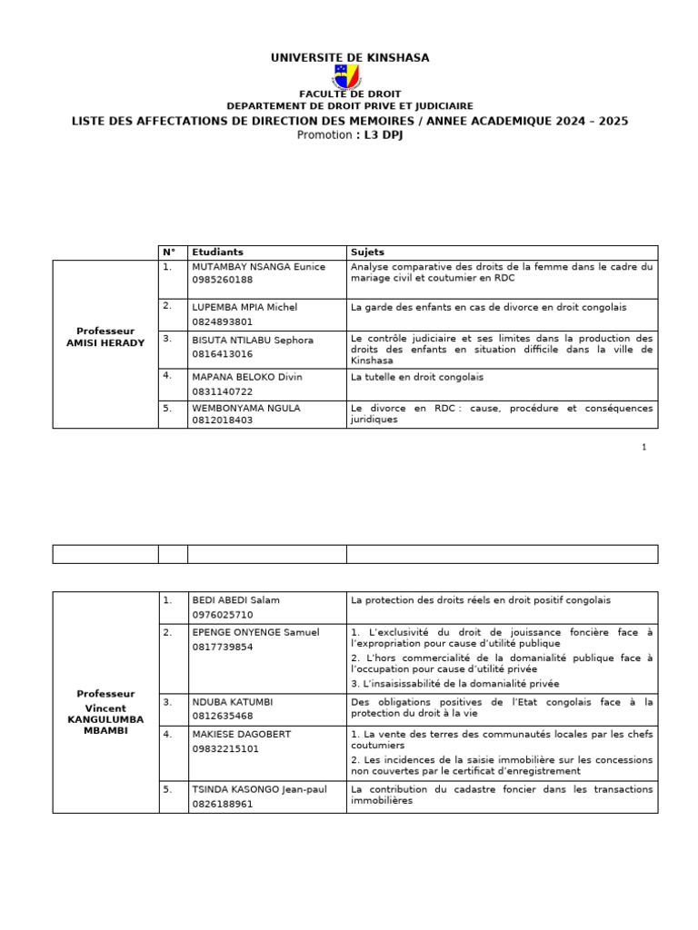 Affectations des mémoires 2024-2025 | PDF | Divorce | Mariage