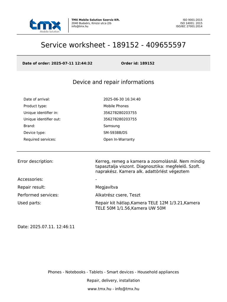 Service Worksheet - 189152 - 409655597: Device and Repair Informations ...