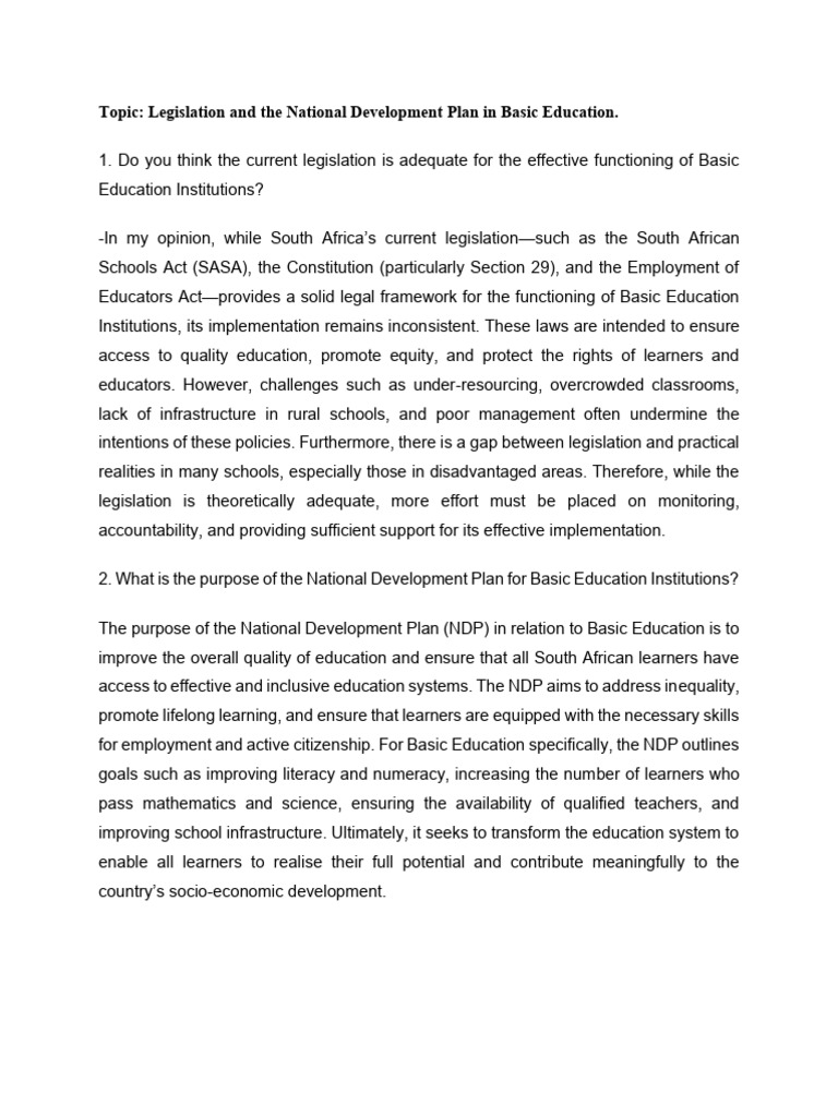 Legislation and The National Development Plan in Basic Education. | PDF
