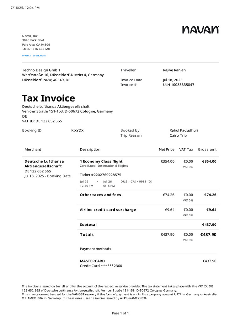 Lufthansa VAT Invoice for Spain Trip | PDF | Payments | Services ...