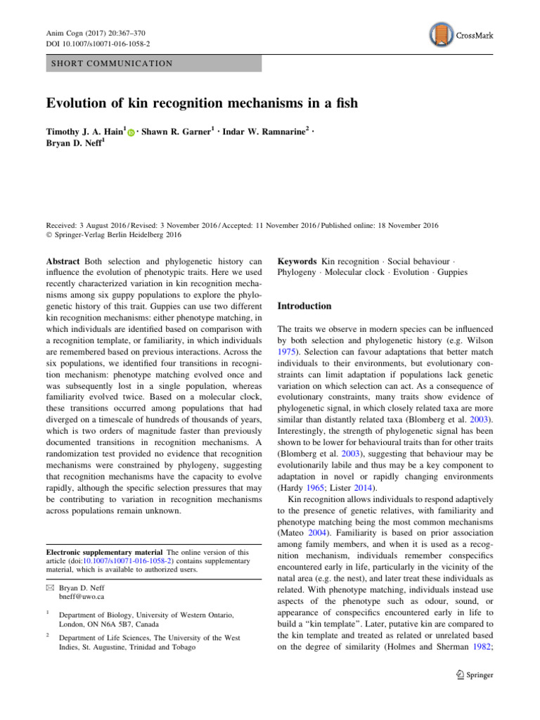 Evolution of Kin Recognition Mechanisms in a Fish | PDF | Natural ...