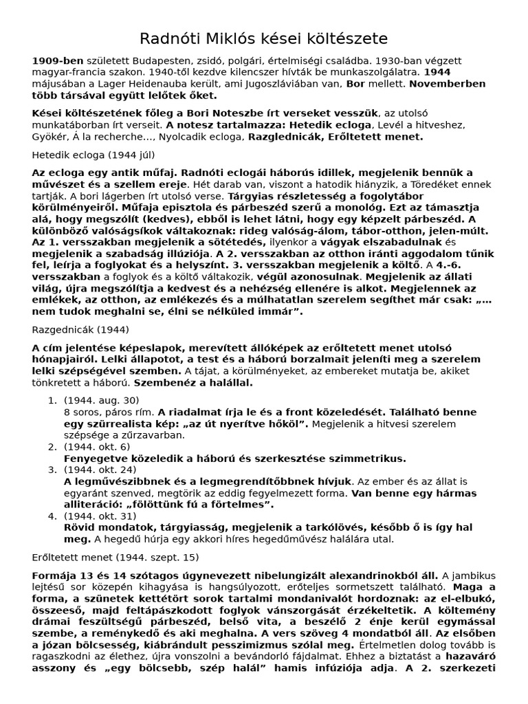 Radnóti Miklós Kései Költészete | PDF