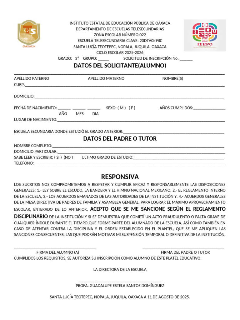 Solicitud de Inscripicion Tercero 2025 | PDF