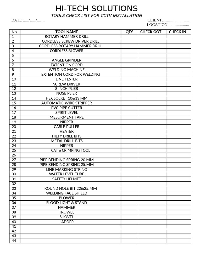 CCTV Installation Tools Checklist | PDF