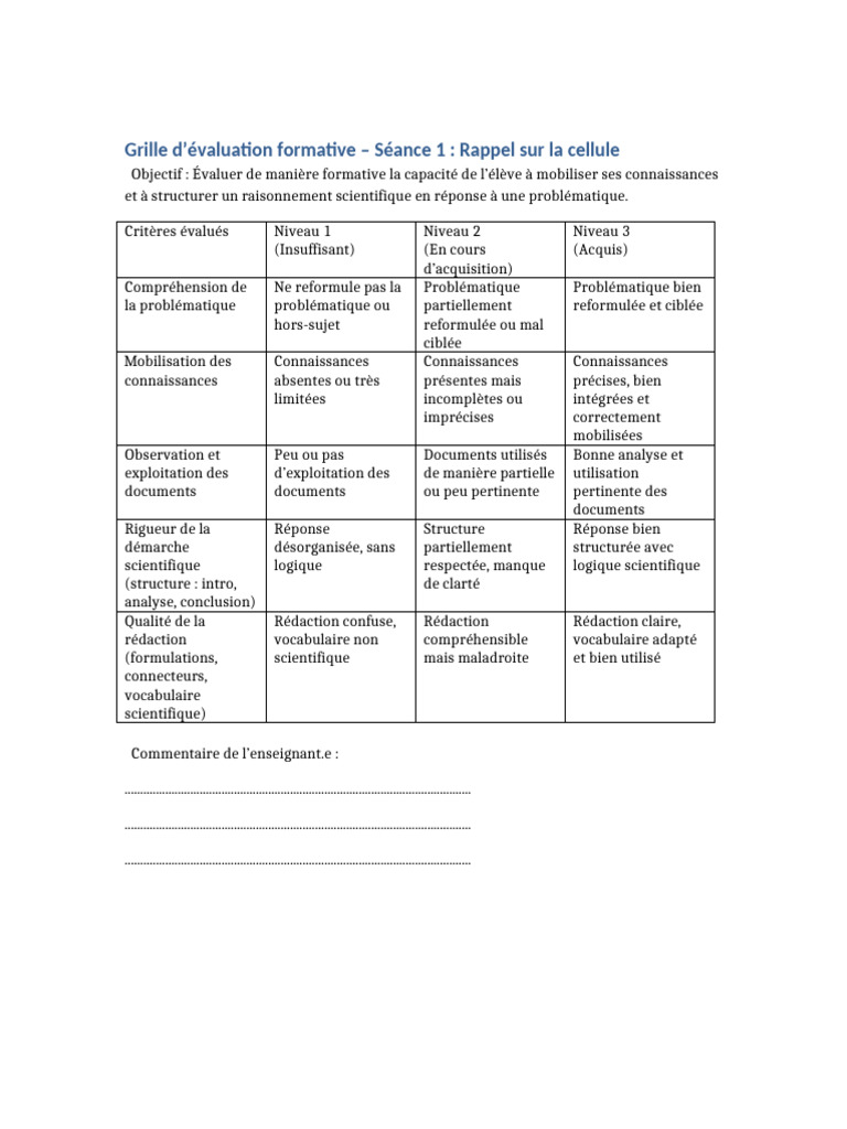 Grille d'évaluation formative en science | PDF