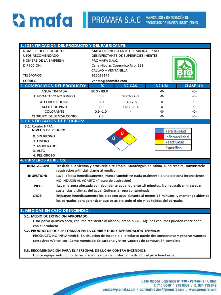 Hoja de Seguridad: Desinfectante MAFA Pino | PDF | Agua | Combustión