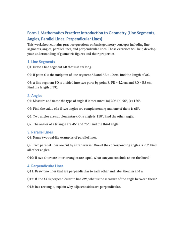 Form1 Math Practice Geometry LineSegment Angle Parallel Perpendicular | PDF