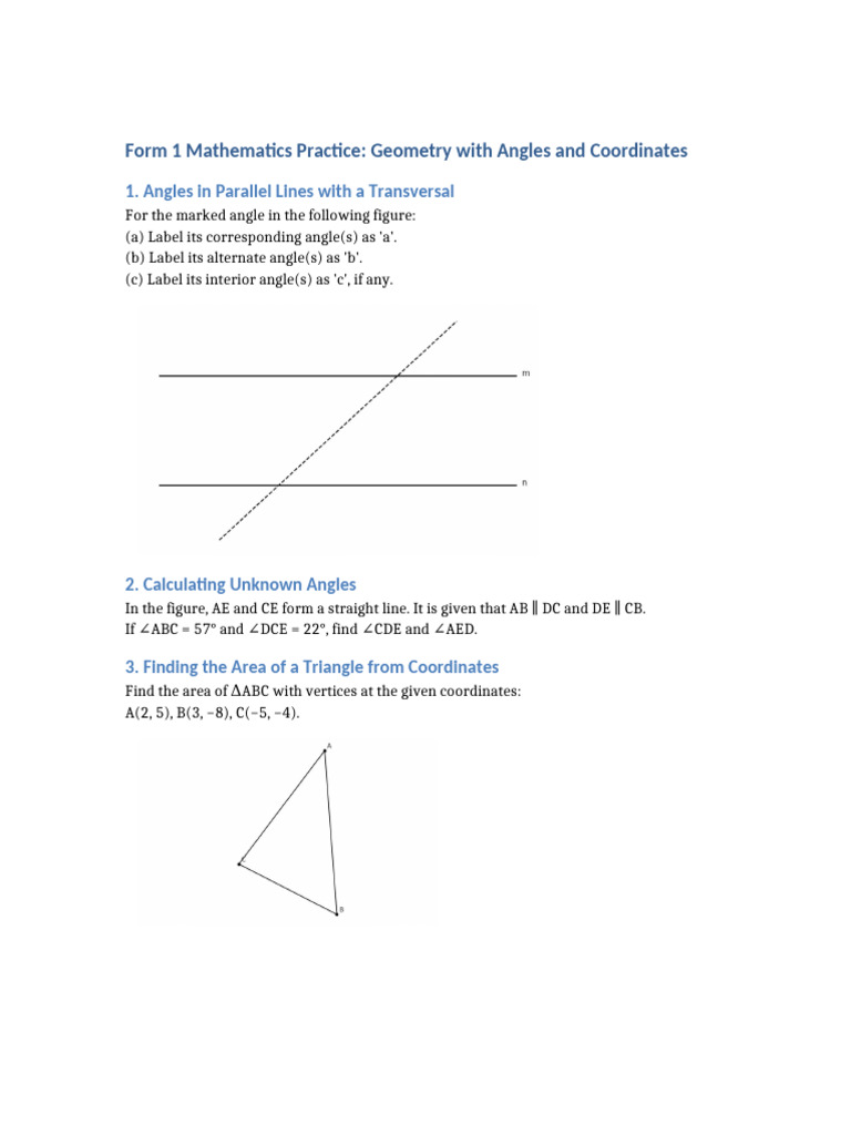 Form1 Math Practice Geometry Angles Coordinates | PDF