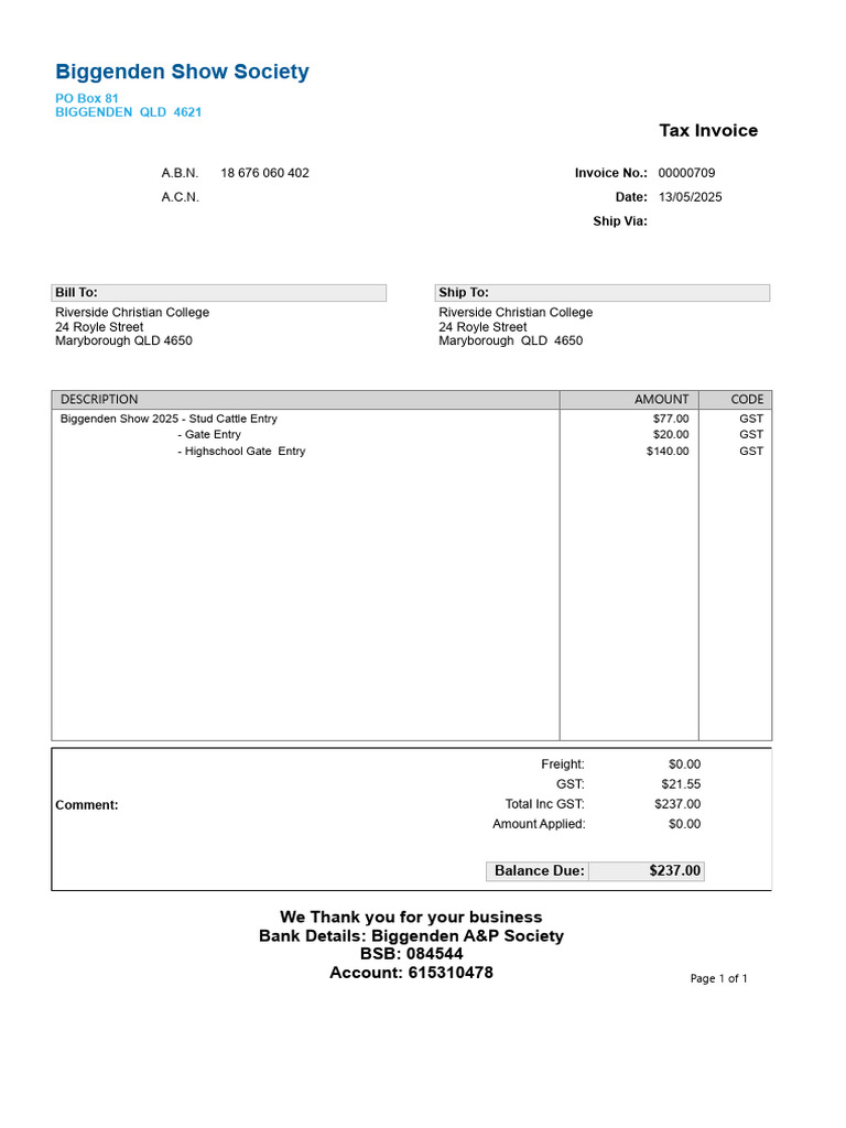 Biggenden Show Society: Tax Invoice | PDF