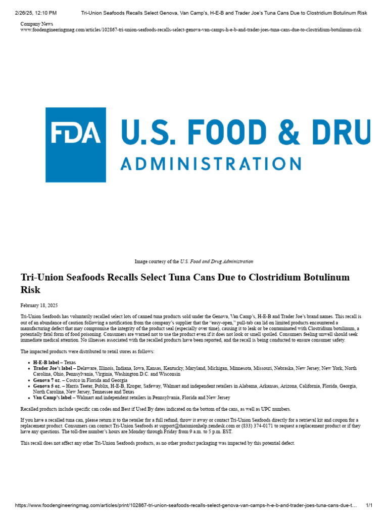 Tri-Union Seafoods Recalls Select Genova, Van Camp’s, H-E-B and Trader ...